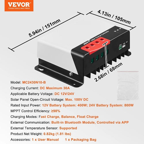 30A MPPT Solar Charge Controller 12V / 24V Auto DC Solar Panel ...